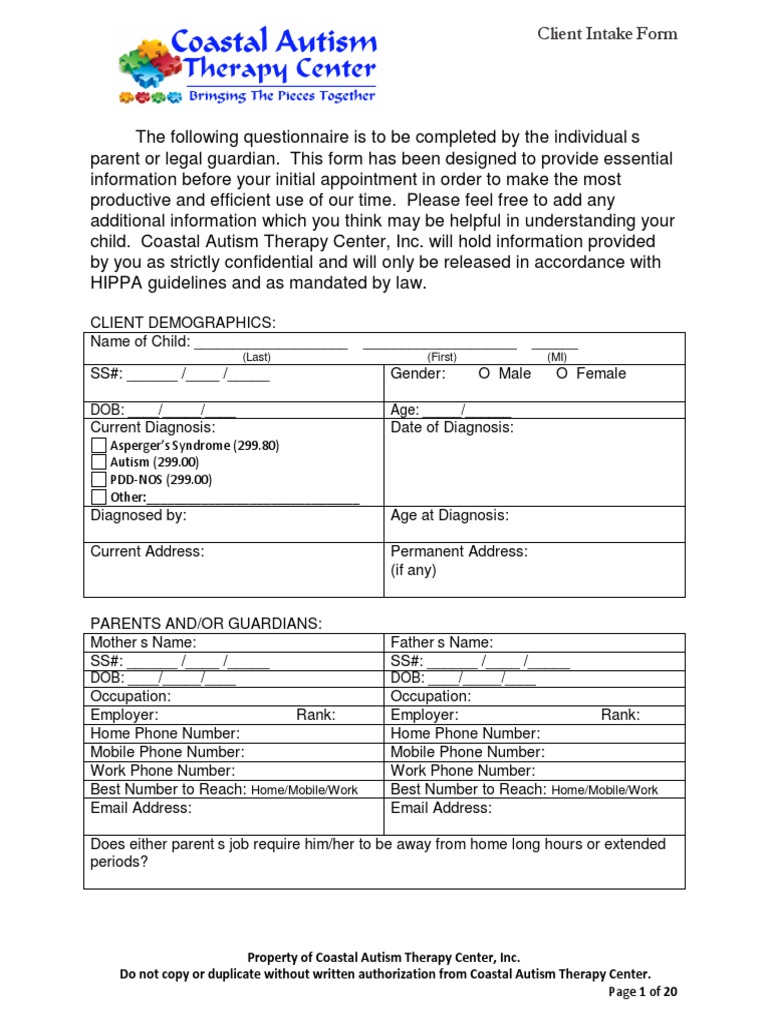 Client Intake Form: (Last) (First) (MI) | PDF | Mental Disorder | Autism