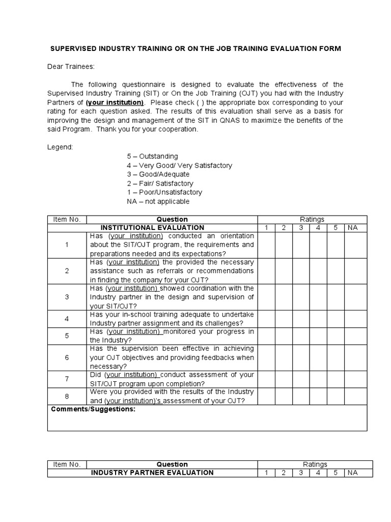 Supervised Industry Training or On The Job Training Evaluation Form | PDF | Evaluation | Applied ...
