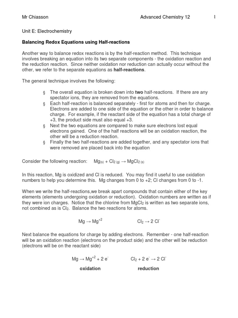 Balancing Redox Equations Using Half-Reactions: MR Chiasson Advanced ...