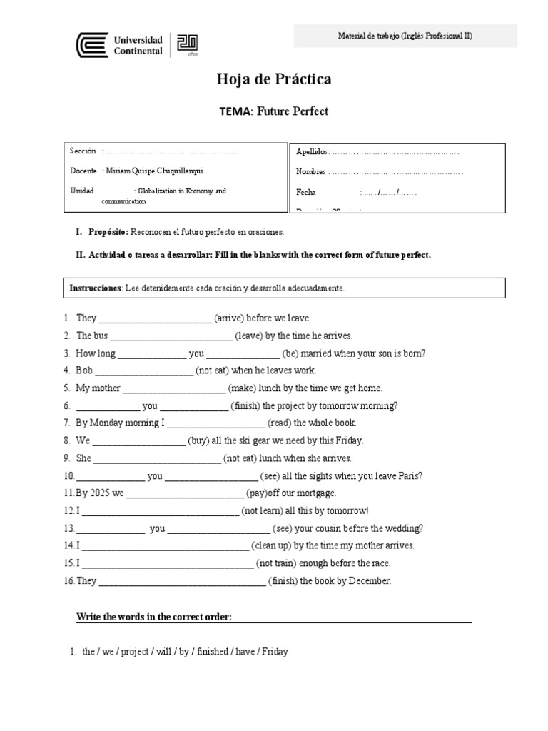 Hoja de Practica Future Perfect | PDF | Foreign Language Studies