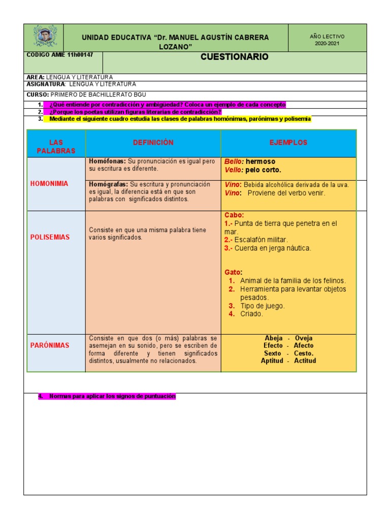 Cuestionario Primero Bgu Lyl | PDF | Poesía | Idiomas