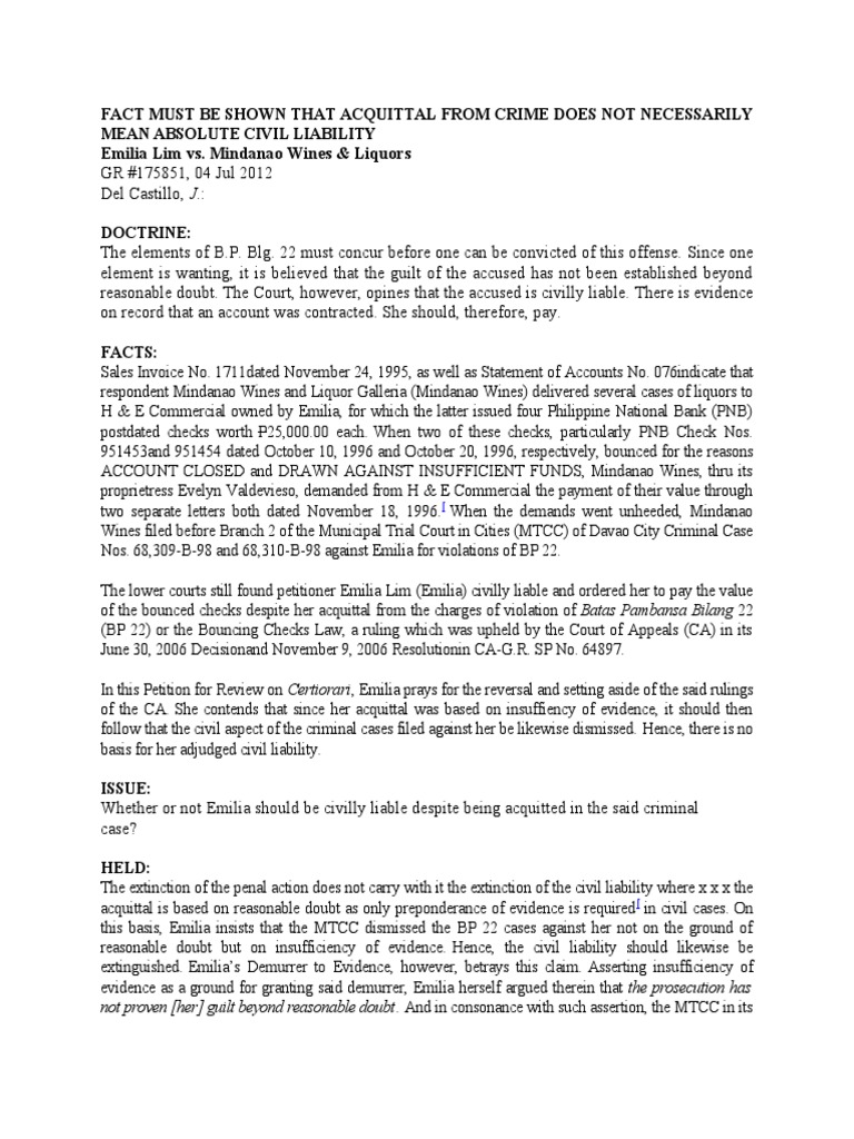 Emilia Lim vs. Mindanao Wines & Liquors | PDF | Burden Of Proof (Law ...