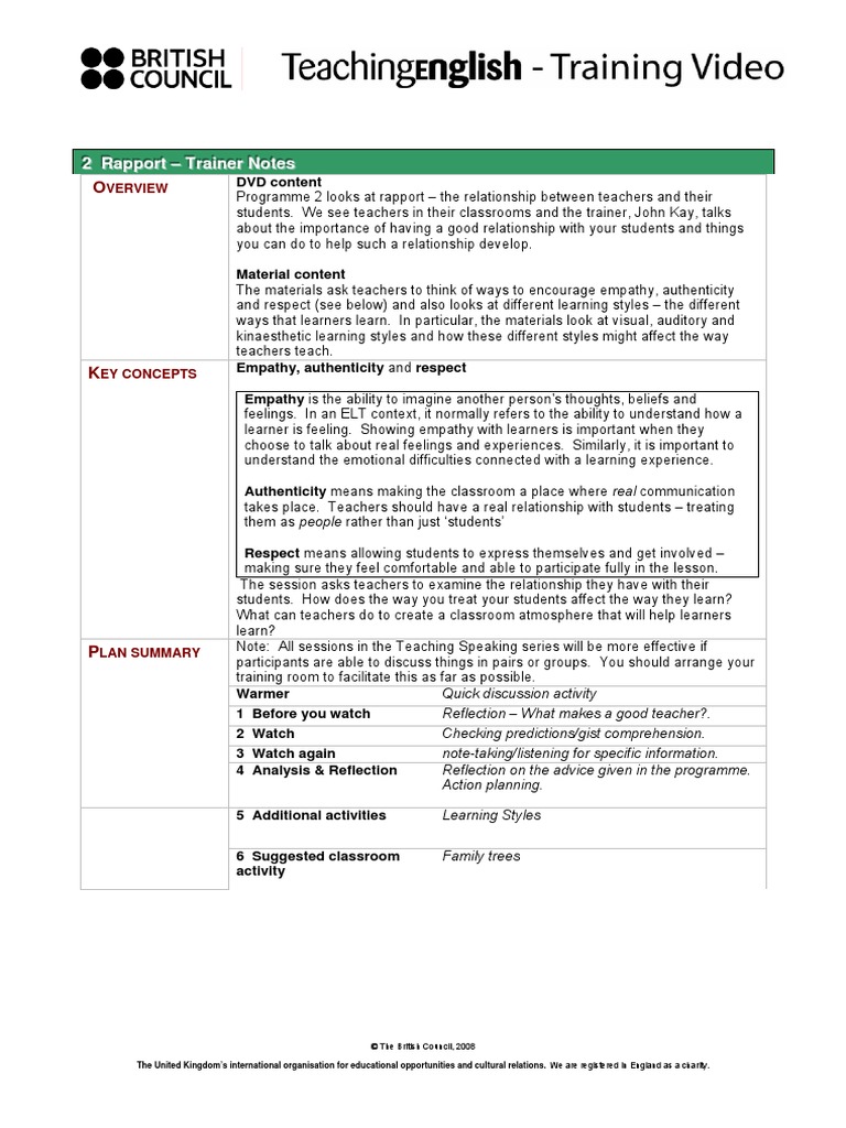 TeachingSpeaking Trainer Notes 2 Rapport PDF | PDF | Teachers | Classroom