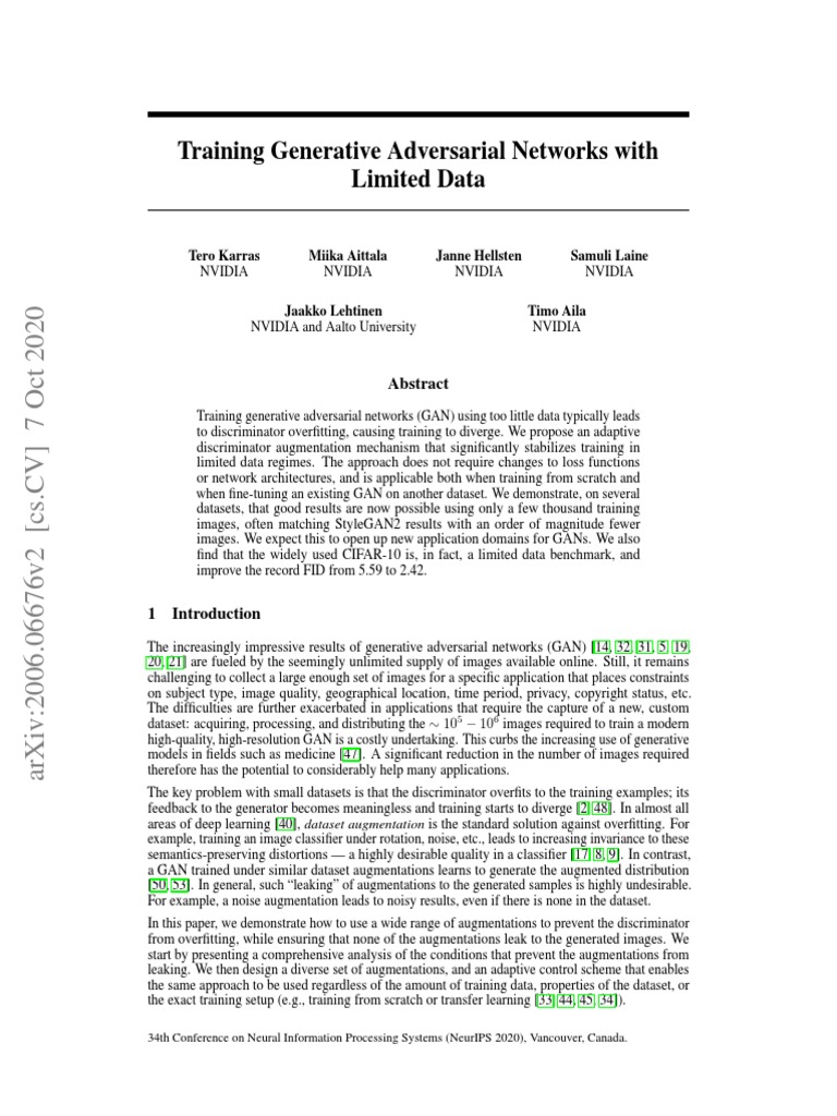 Training Generative Adversarial Networks With Limited Data | PDF | Statistics | Machine Learning