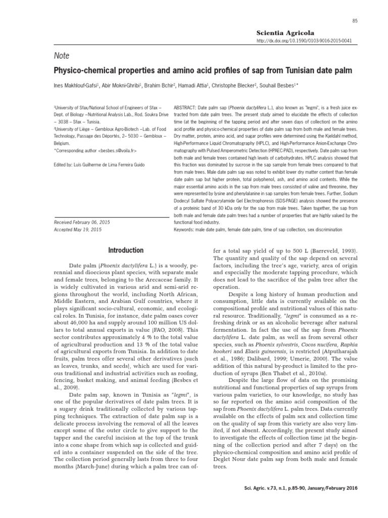 Physico-Chemical Properties and Amino Acid Profiles of Sap From Tunisian Date Palm | PDF | Gel ...