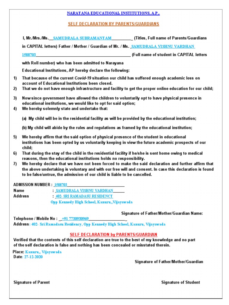 Parent Self-Declaration for Admission | PDF | Social Institutions ...