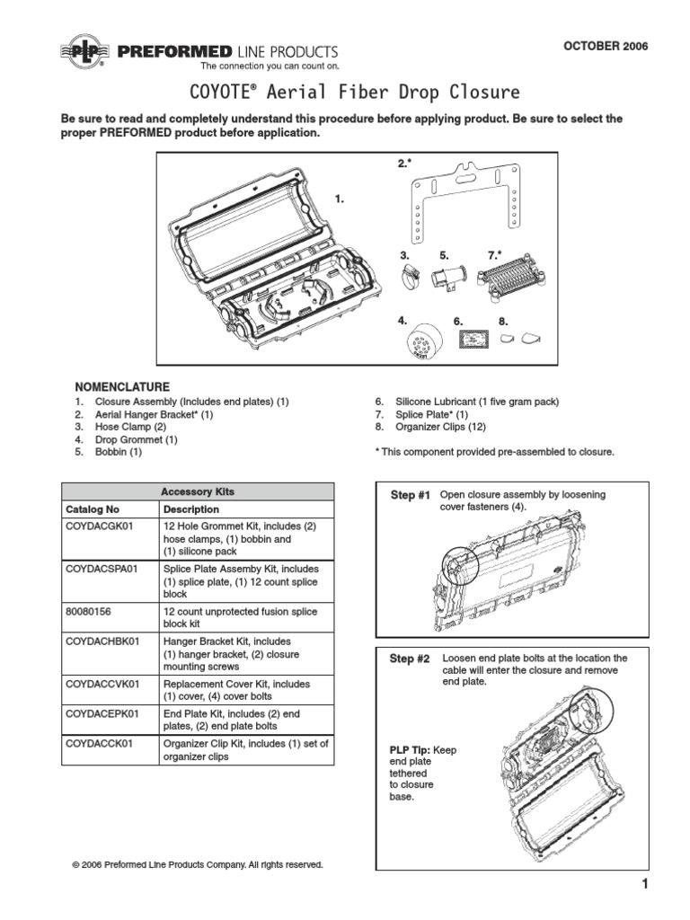 Coyote Aerial Fiber Drop Closure: OCTOBER 2006 | PDF | Screw | Optical ...