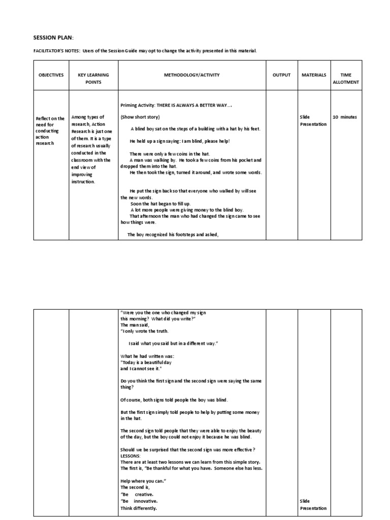 Session Plan: Objectives Key Learning Points Methodology/Activity ...