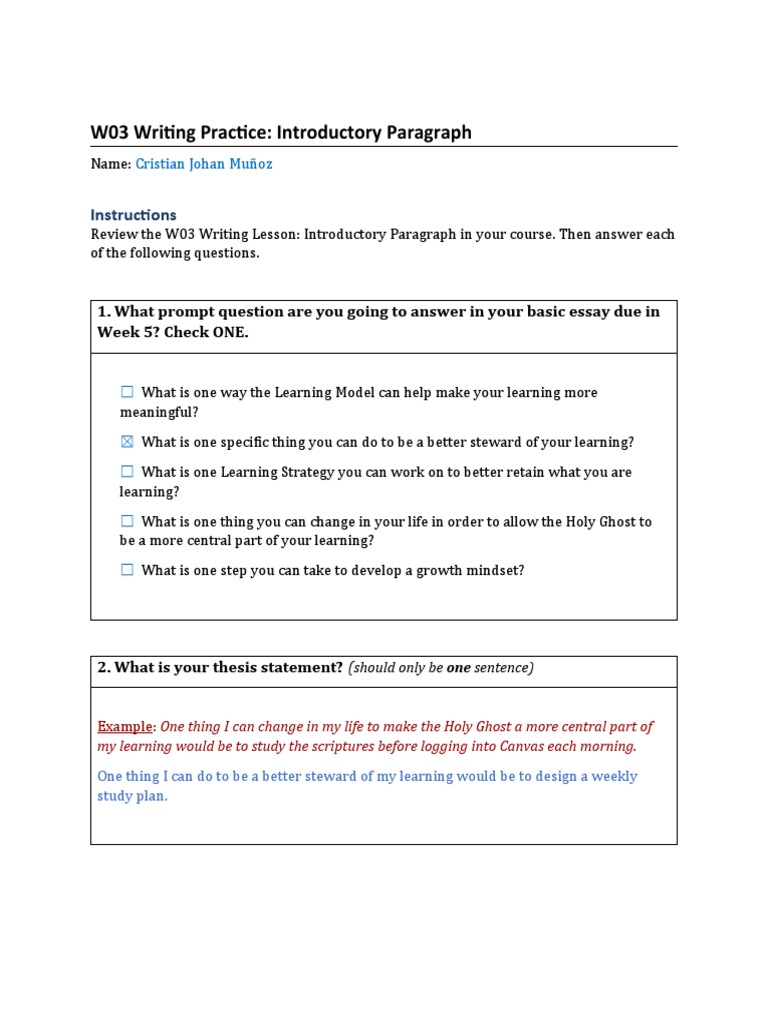W03 Writing Practice: Introductory Paragraph: Instructions | PDF