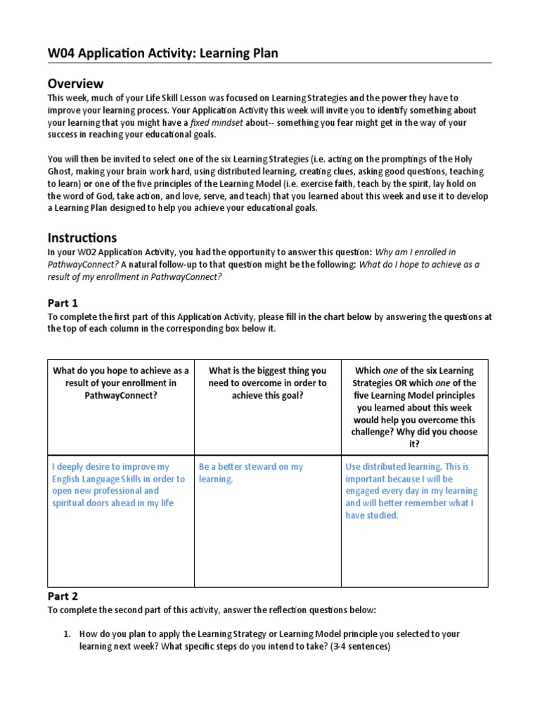 W04 Application Activity: Learning Plan | PDF | Pedagogy | Learning