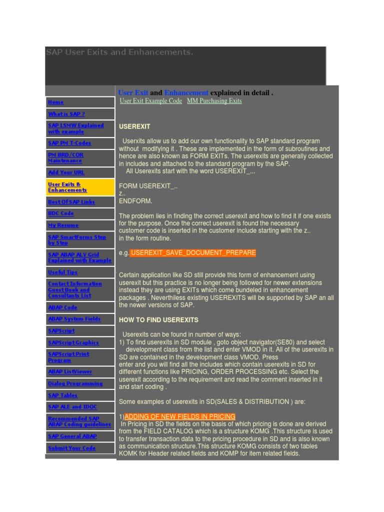 SAP User Exits and Enhancements | PDF | Subroutine | Menu (Computing)