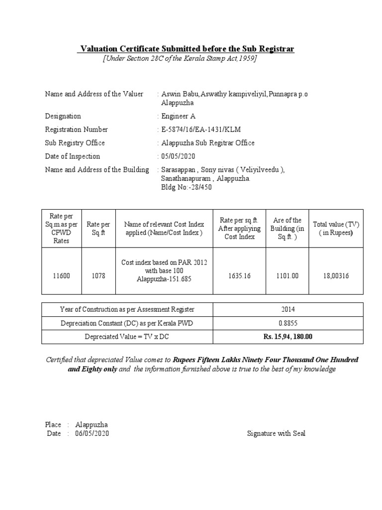 Valuation Certificate for Property in Alappuzha | PDF