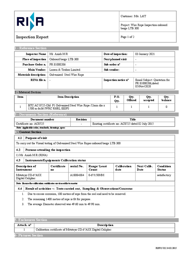 LTB 300 Wire Rope Inspection Report | PDF | Calibration