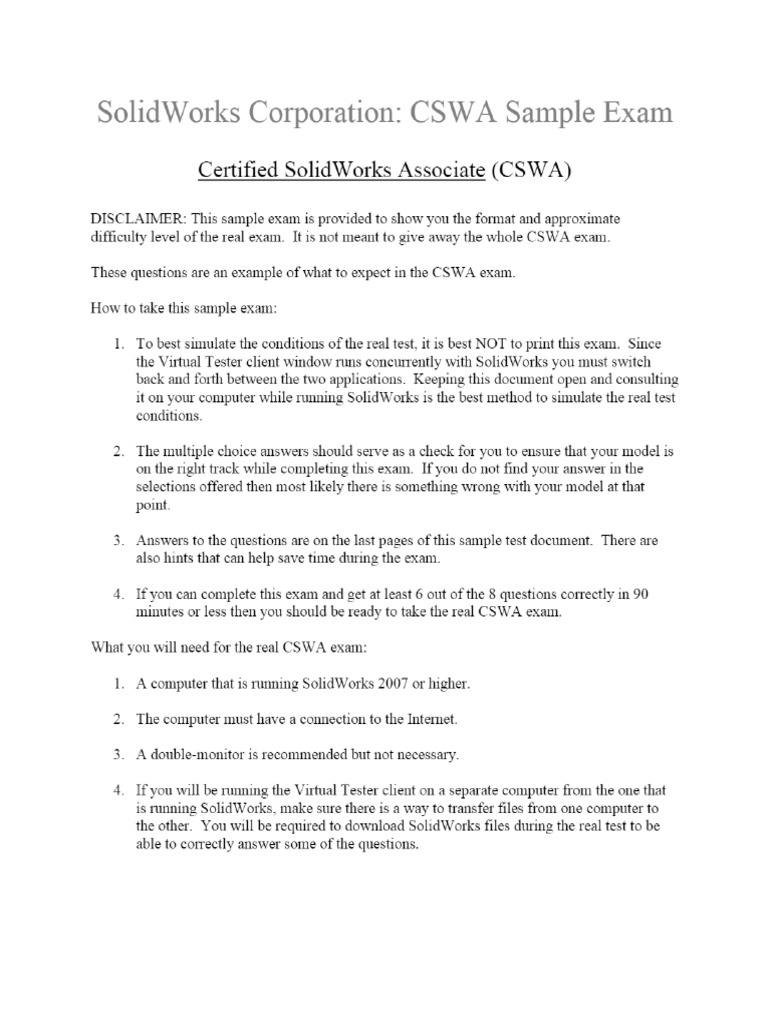 SolidWorks Corporation - CSWA Sample Exam - PDF Free Download PDF | PDF