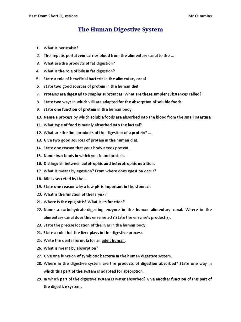 Digestive System Revision Questions (MR C) | PDF | Digestion | Liver