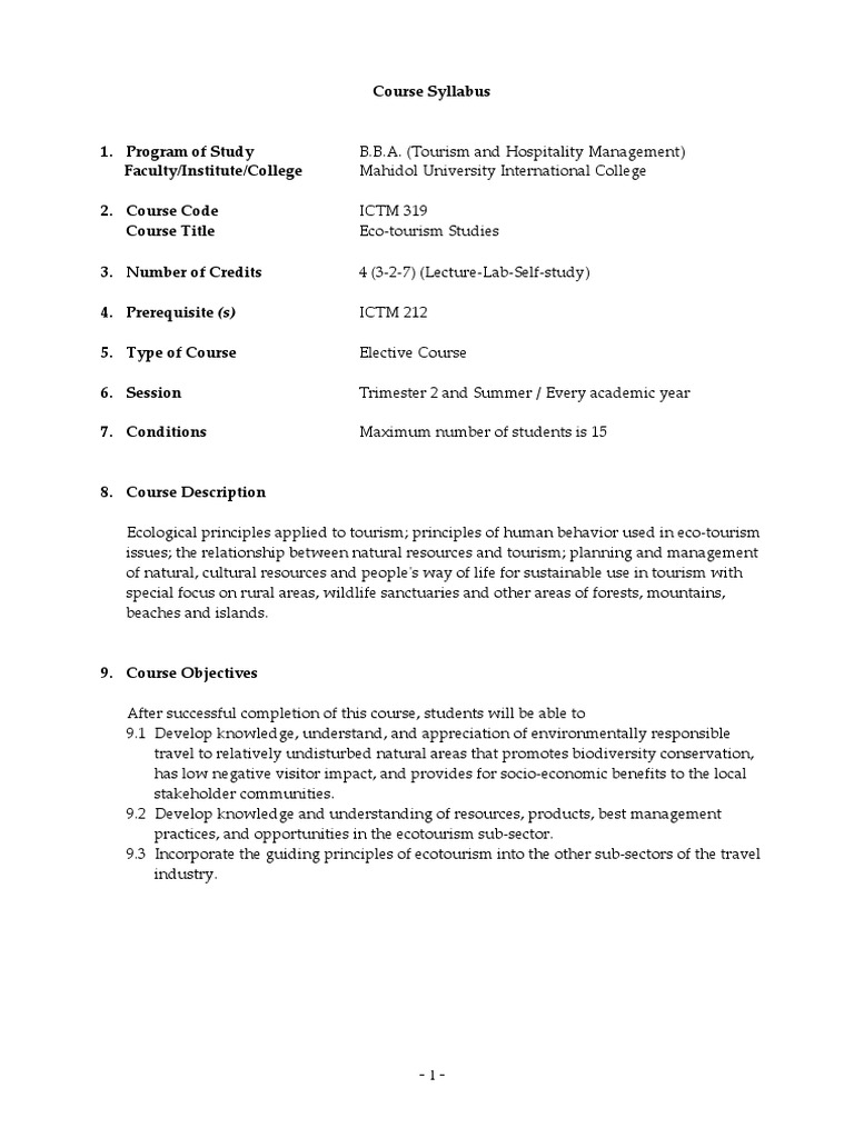 Eco-tourism Studies Course Syllabus | PDF | Natural Environment ...