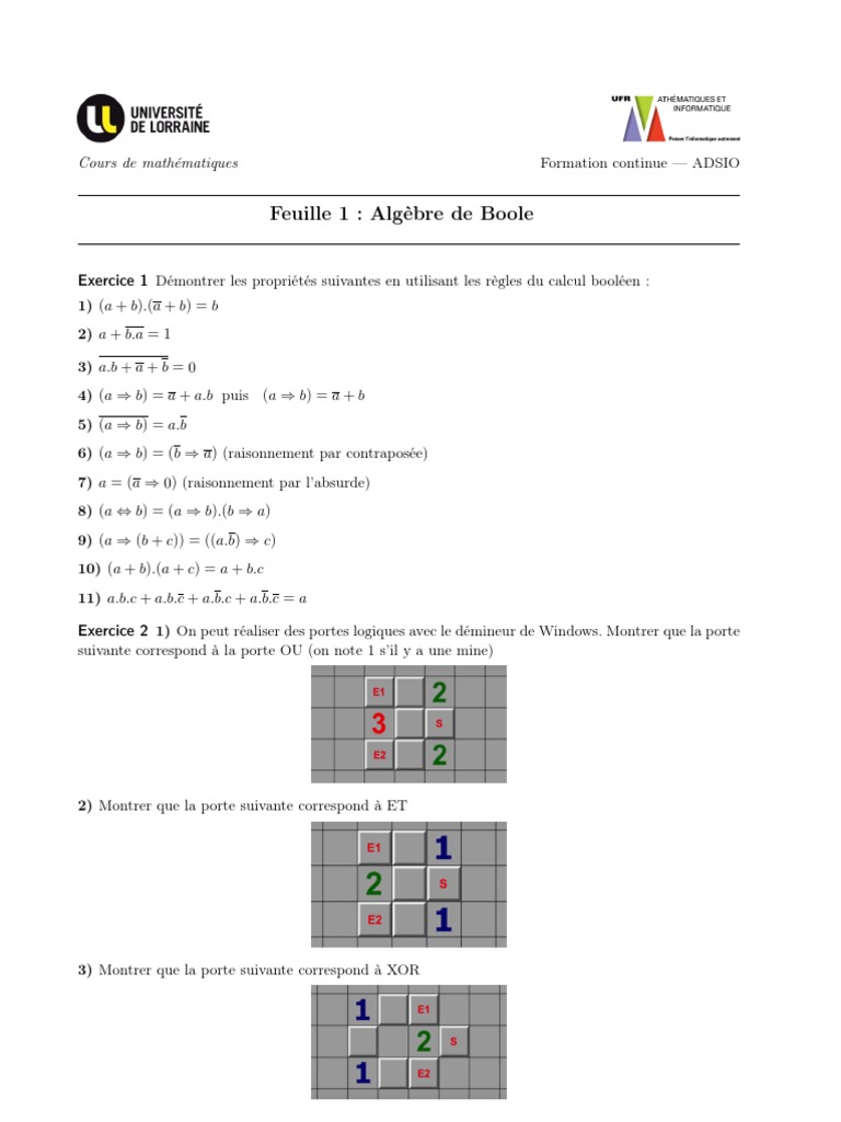 Algebre de Boole Exercice Corrigé | PDF | Algèbre de Boole (logique ...
