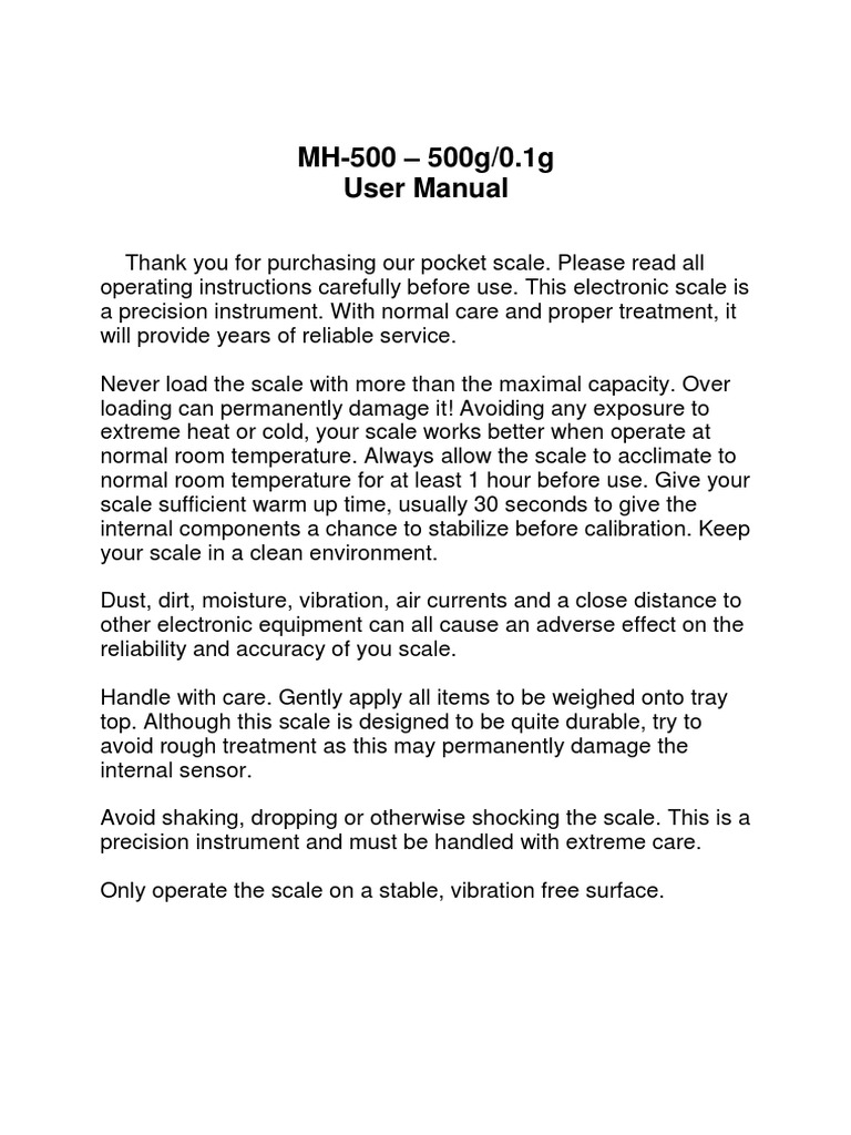 MH-500 - 500g/0.1g User Manual | PDF | Weight | Calibration