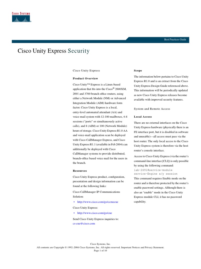 Cisco Unity Express Security - Best Practices | PDF | Port (Computer Networking) | File Transfer ...