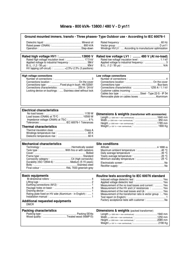 Datasheet Dyn11 800kVA 60hz | PDF | Transformer | Power Engineering