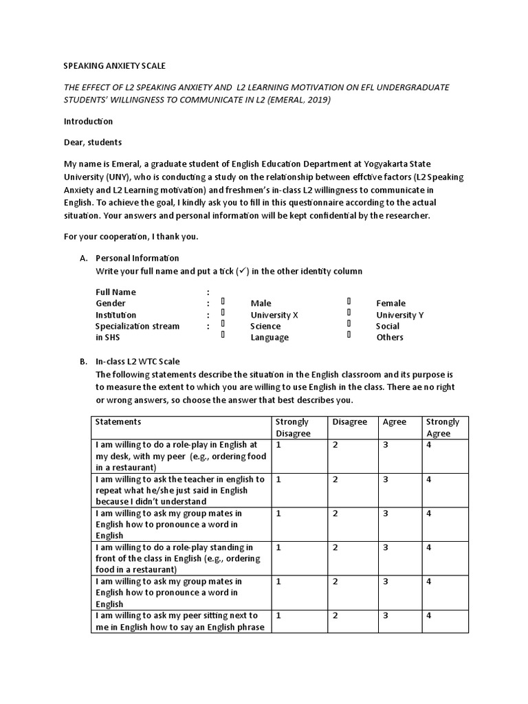 L2 Speaking Anxiety and Motivation Survey | PDF | English Language ...