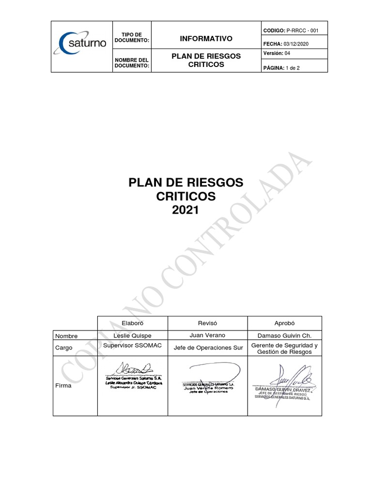 Plan de Riesgos Criticos 2021 PDF | PDF | Business