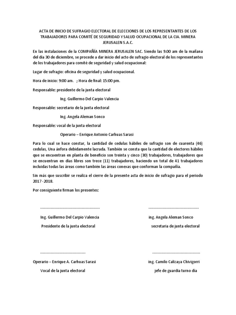 ACTA DE INICIO DE SUFRAGIO ELECTORAL DE ELECCIONES DE LOS ...