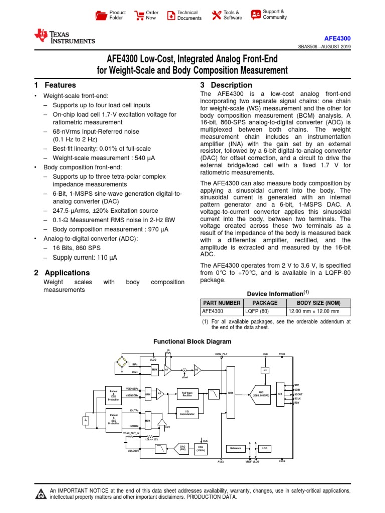 AFE4300 Low-Cost, Integrated Analog Front-End For Weight-Scale and Body ...