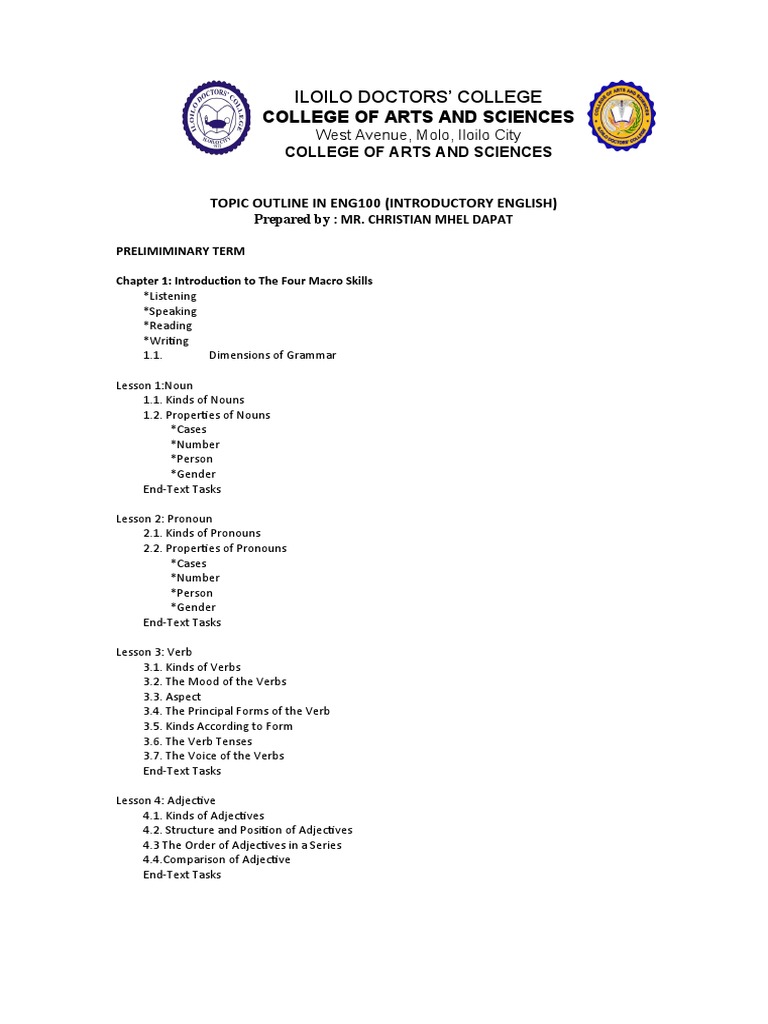 TOPIC OUTLINE in ENG100 Online Material | PDF | Clause | Verb