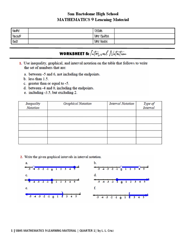 Interval Notation: Worksheet 5 | PDF