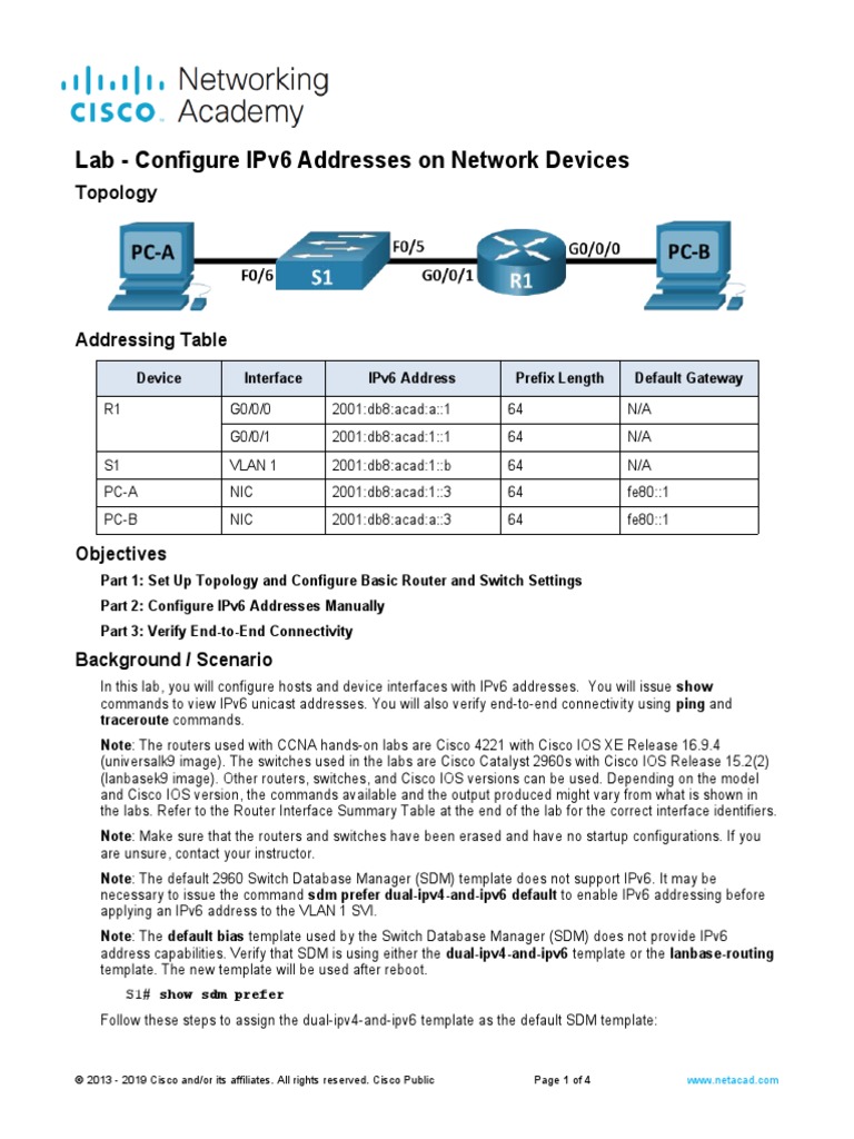 Configure IPv6 on Network Devices Lab | PDF | I Pv6 | Networking Standards