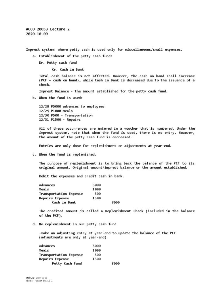ACCO 20053 Lecture Notes 2 - Imprest System and Petty Cash Fund | PDF ...