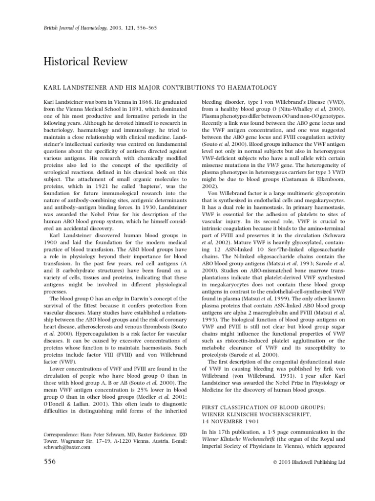 Historical Review: Karl Landsteiner and His Major Contributions To ...