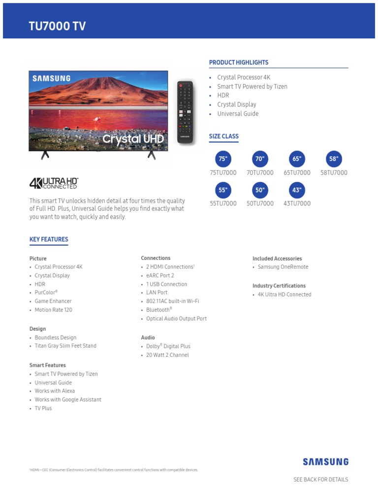 TU7000 Spec Sheet 030220 PDF | PDF | Hdmi | Television