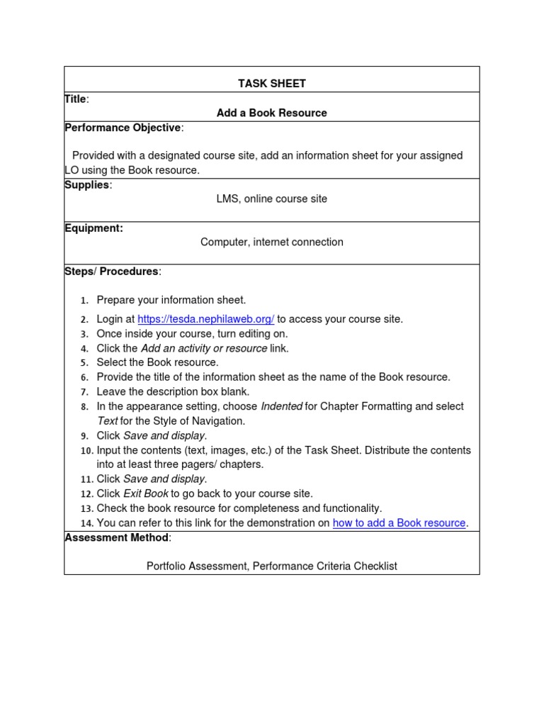 Task Sheet Title: Add A Book Resource Performance Objective | PDF | Computers