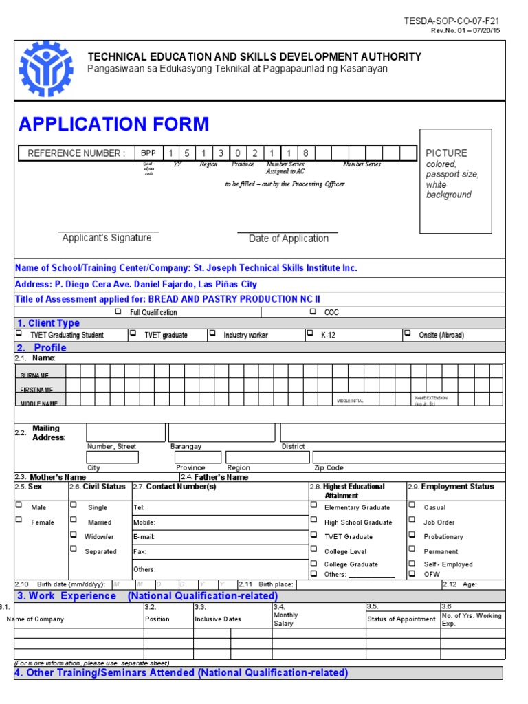 Application Form: Technical Education and Skills Development Authority ...