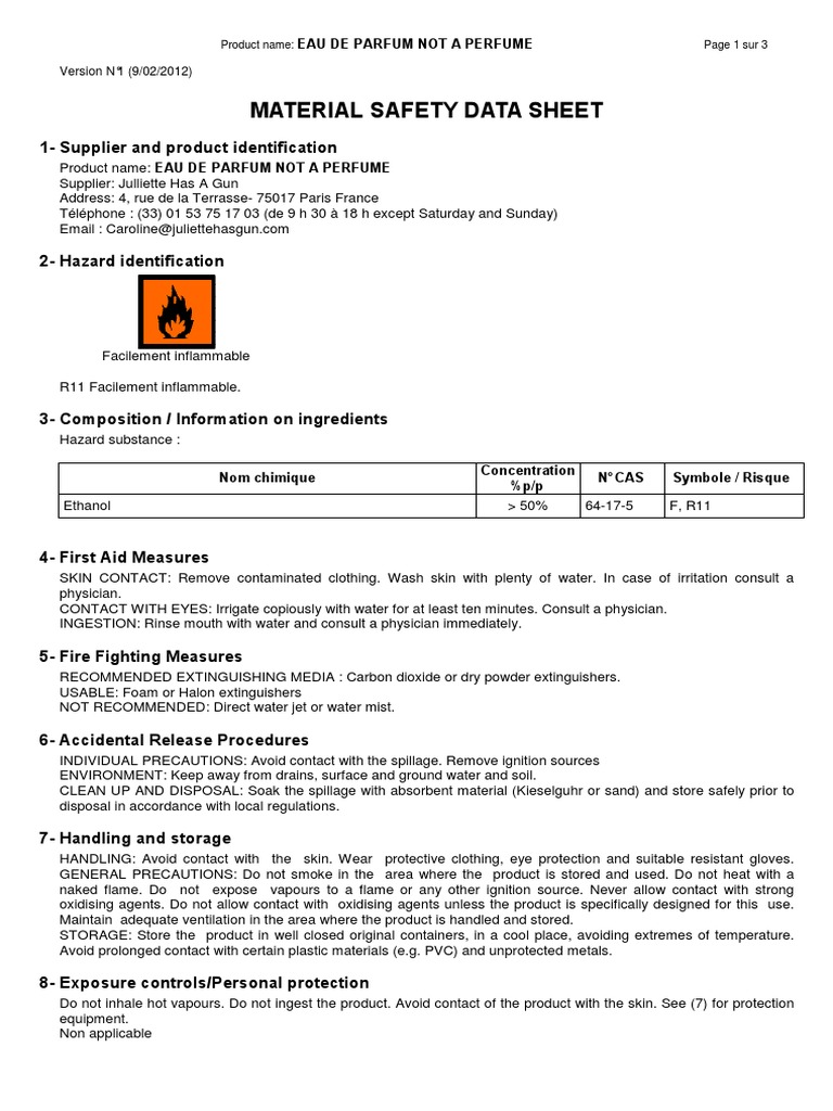 Material Safety Data Sheet: Eau de Parfum Not A Perfume | PDF | Perfume ...