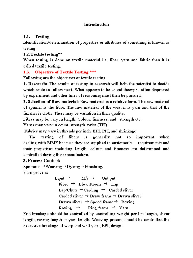 1.1. Testing: 1.3. Objective of Textile Testing | PDF | Yarn | Textiles