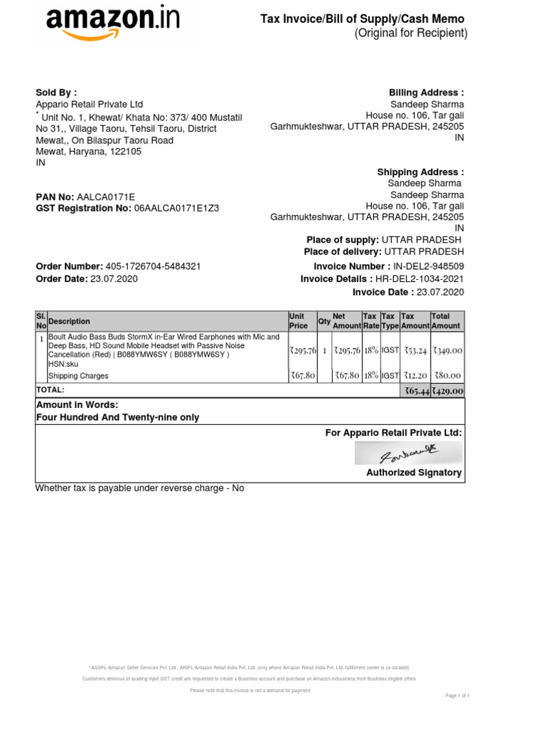 (Original For Recipient) : Sl. No Description Unit Price Qty Net Amount ...