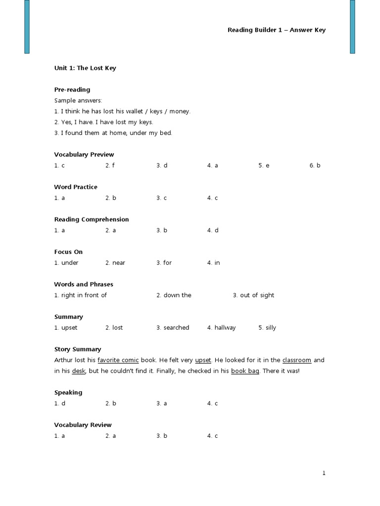 Reading Builder 1 Answer Key | PDF | Reading Comprehension | Vocabulary