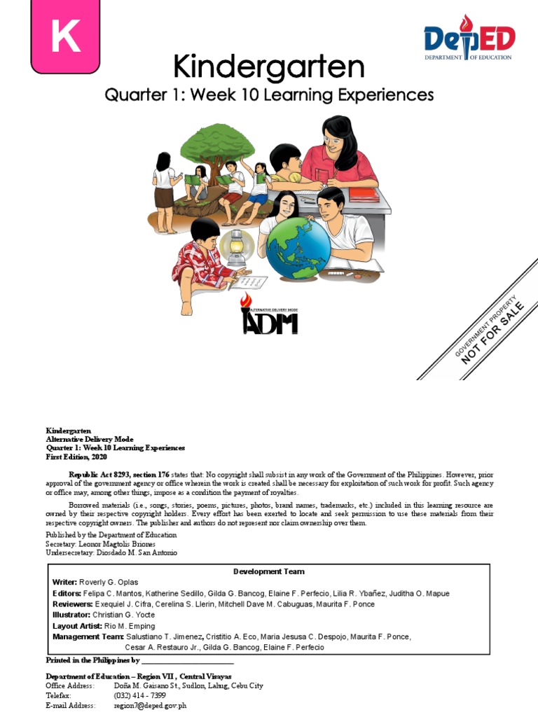 Kindergarten: Quarter 1: Week 10 Learning Experiences | PDF | Hand ...