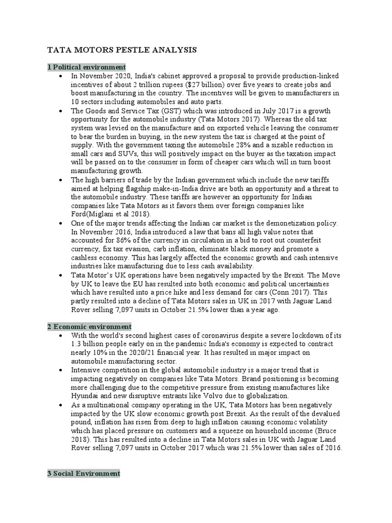 Tata Motors Pestle Analysis | PDF | Car | Taxes