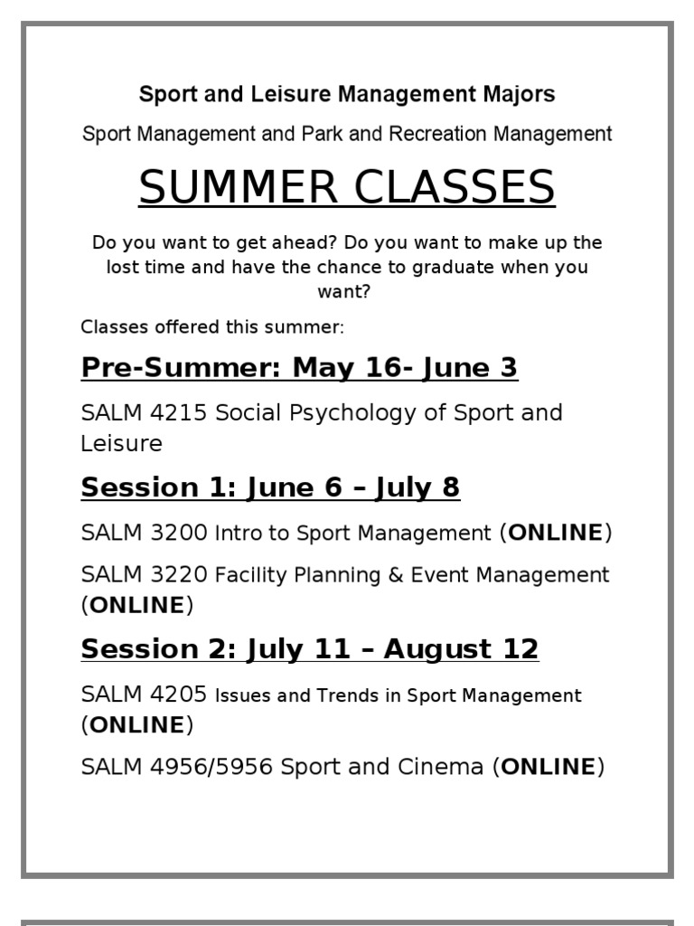 Summer Classes for Sport Management Majors | PDF