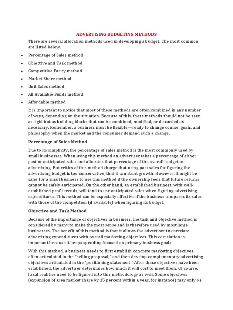 Advertising Budgeting Methods: Percentage of Sales Method | PDF ...