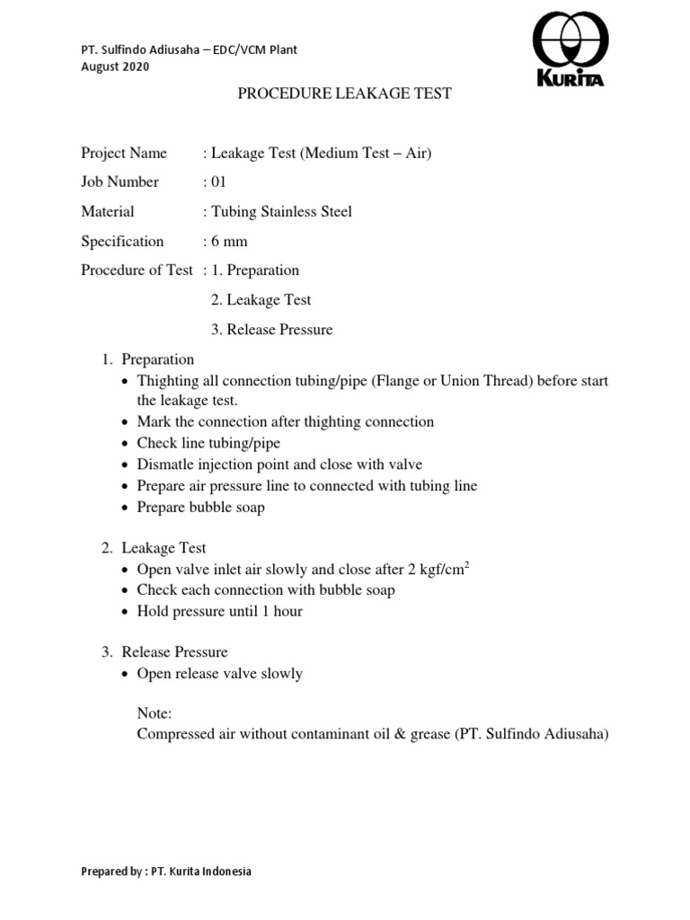 PROCEDURE LEAKAGE TEST - PT. Sulfindo Adiusaha | PDF