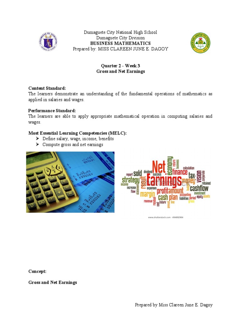 Business Math - W3 - Gross and Net Earnings | PDF | Tax Deduction | Net ...