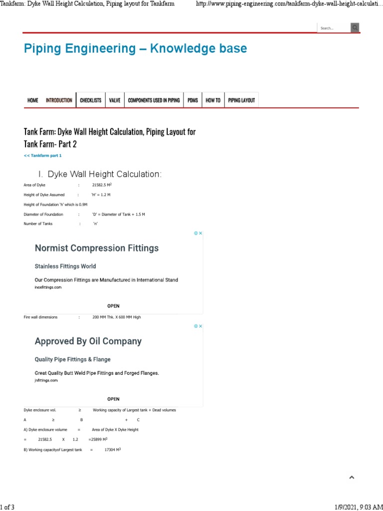 Piping Engineering - Knowledge Base: I. Dyke Wall Height Calculation ...