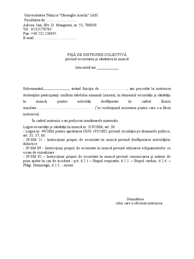 MODEL Fisa Colectiva de SSM | PDF