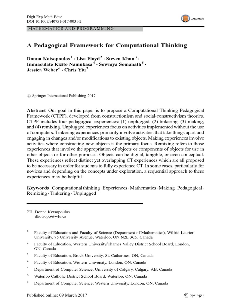 A Pedagogical Framework For Computational Thinking: Digit Exp Math Educ DOI 10.1007/s40751-017 ...