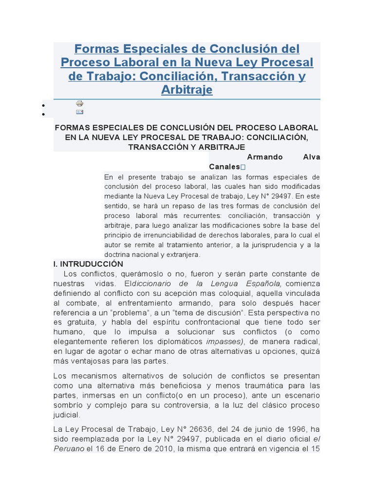 Formas Especiales de Conclusión Del Proceso Laboral en La Nueva Ley ...